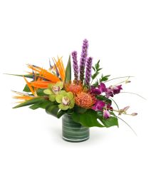 Colorful, Tropical Arrangement with Orchids and Pincushion Proteas
